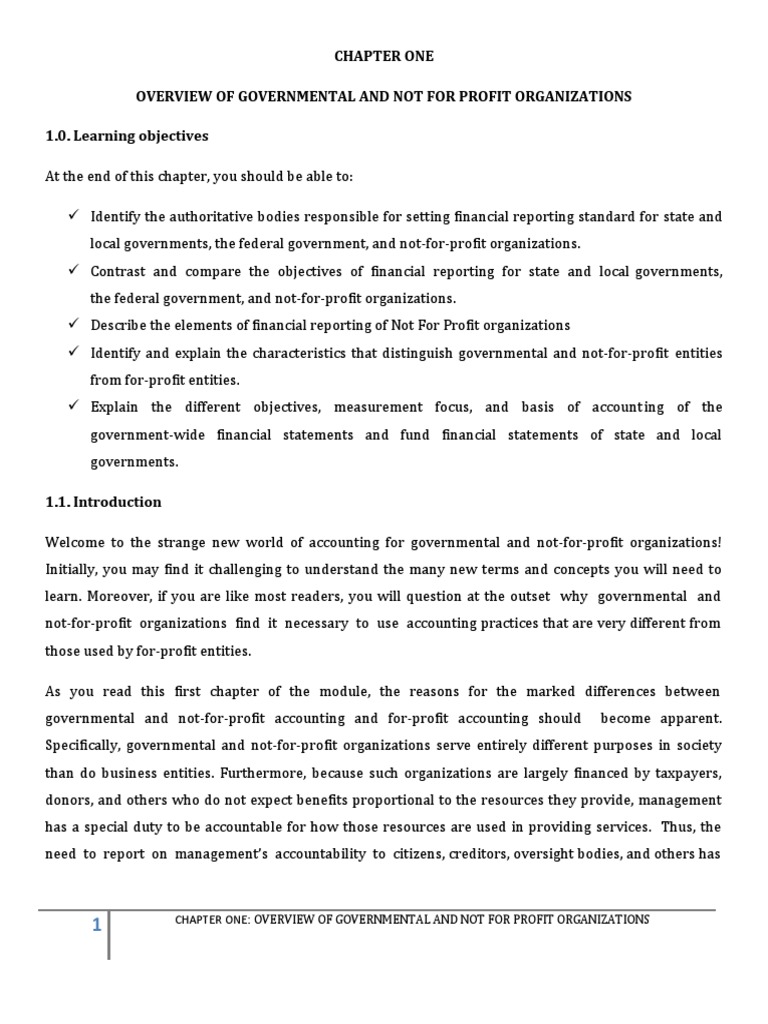 Chapter One Overview of Governmental and Not For Profit Organizations 1 ...