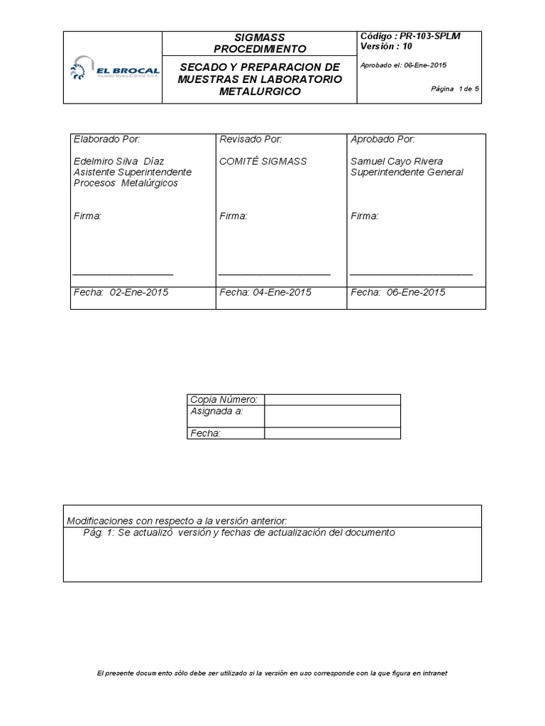 PROCEDIMIENTO PR-103-SPLM SECADO Y PREPARACION DE MUESTRAS Version 10 ...