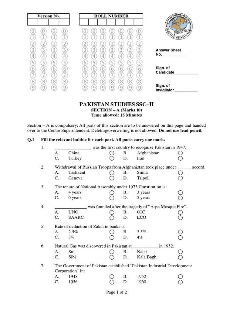SSC-II Pakistan Studies (All Sets With Solution) - Combined | PDF ...