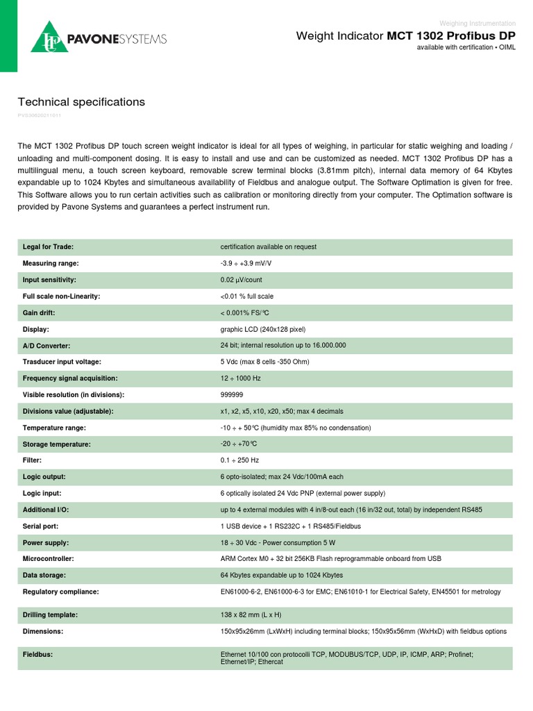 Technical Specifications Pavone Systems Mct-1302-Profibus-dp | PDF | Analog To Digital Converter ...