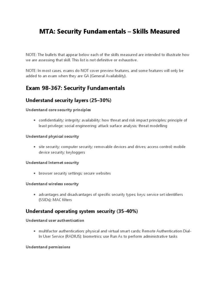 Mta Security Fundamentals Skills Measured | PDF | Security | Computer ...