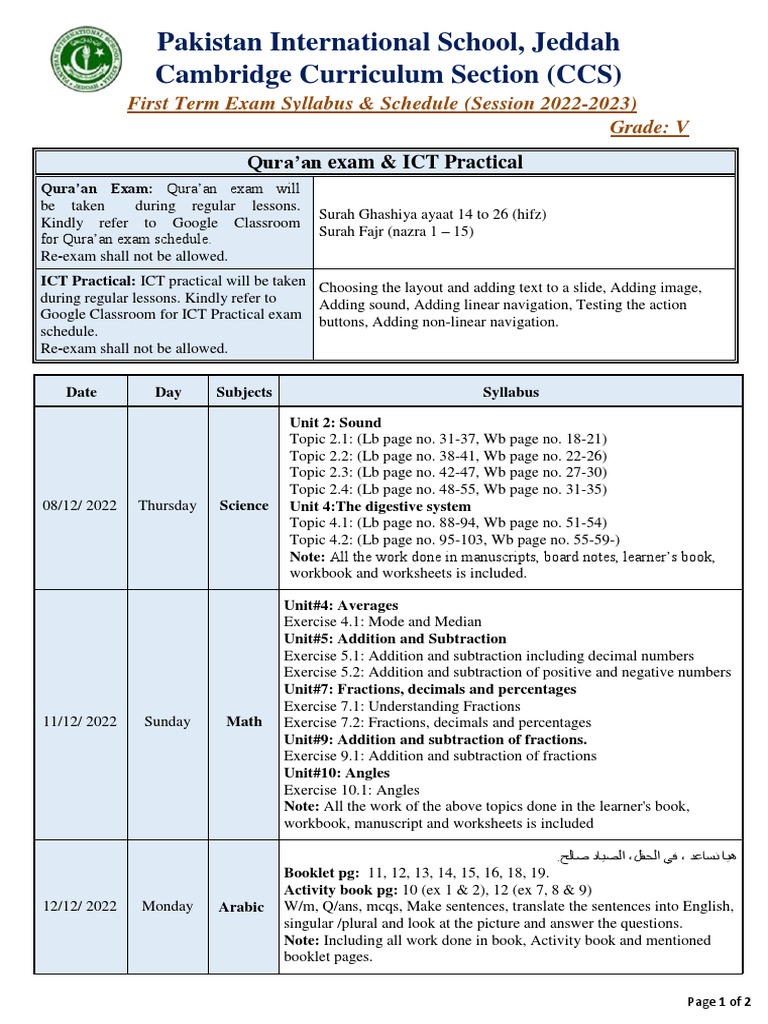 First Term Exam Syllabus & Schedule Grade 5 (CCS Session 2022-2023 ...