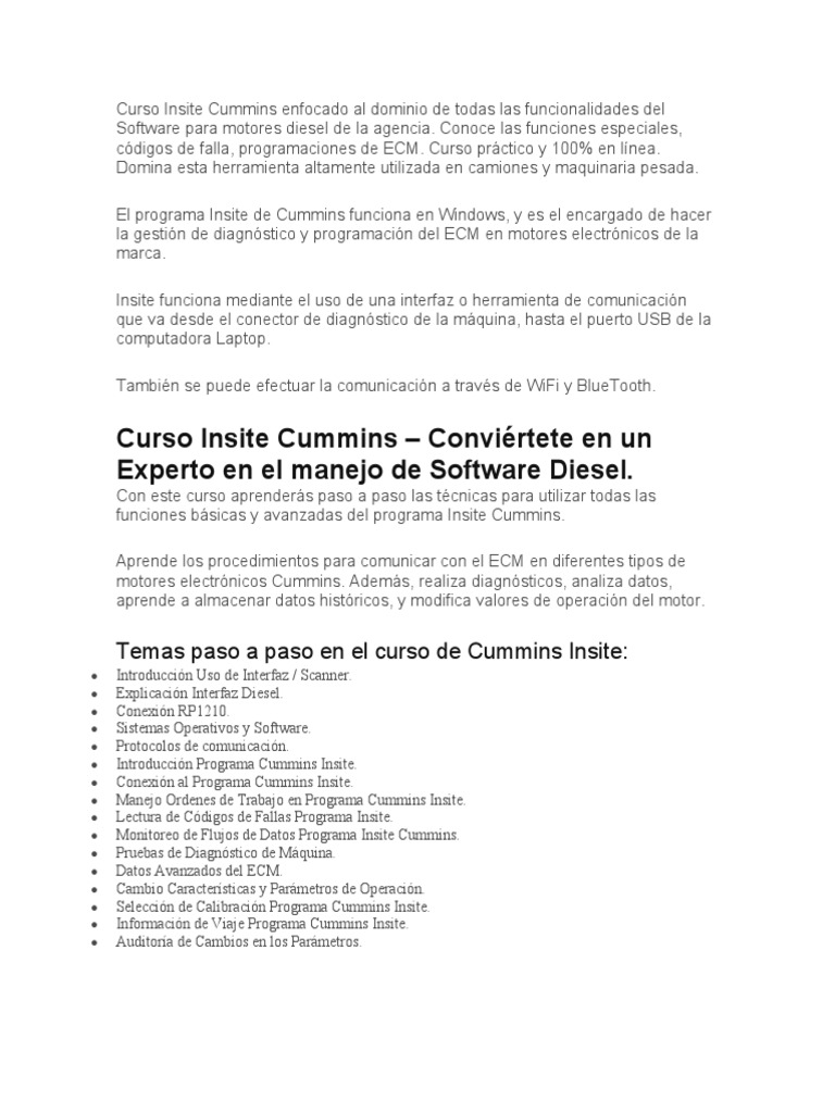 Manejo de Programa Cummins Insite | PDF | Programa de computadora ...