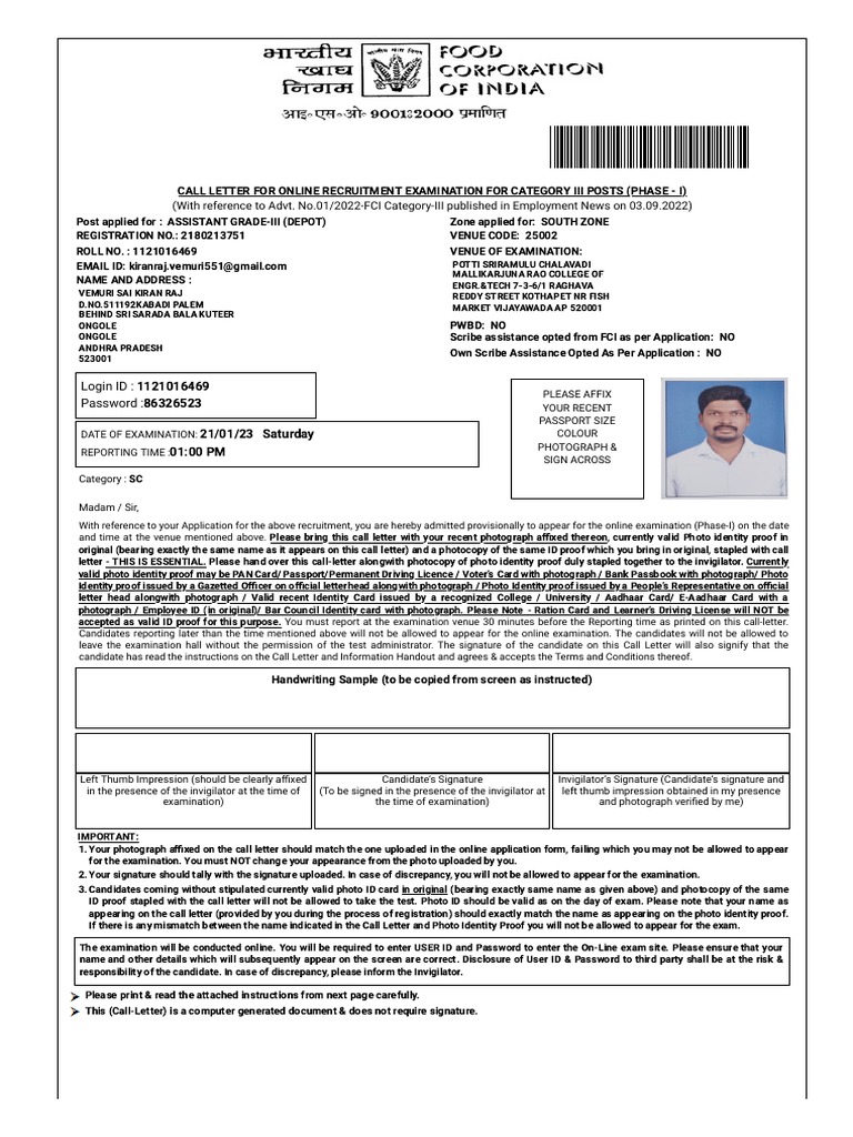 FCI Category III Exam Call Letter | PDF | Test (Assessment) | Identity ...