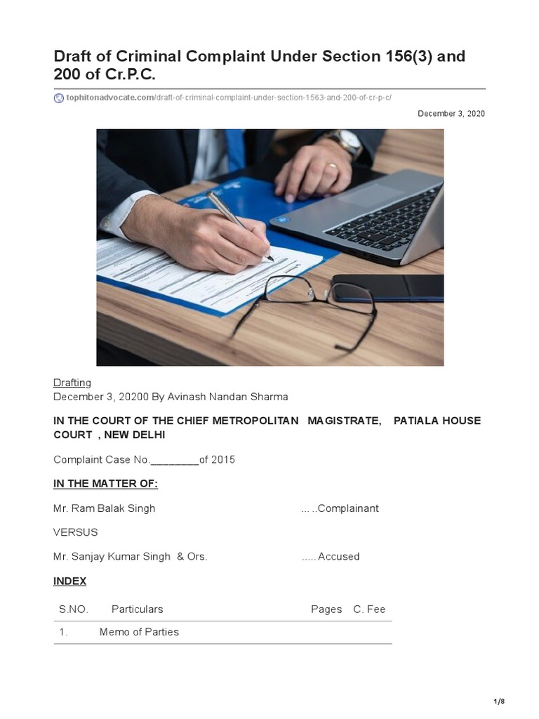 Draft of Criminal Complaint Under Section 1563 and 200 of CRPC | PDF ...