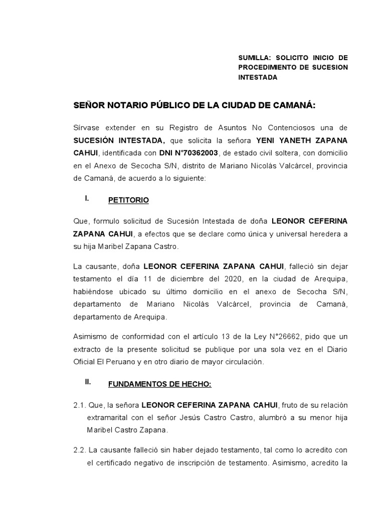 Solicitud de Sucesión Intestada Notarial SRA. LEONOR ZAPANA | PDF ...
