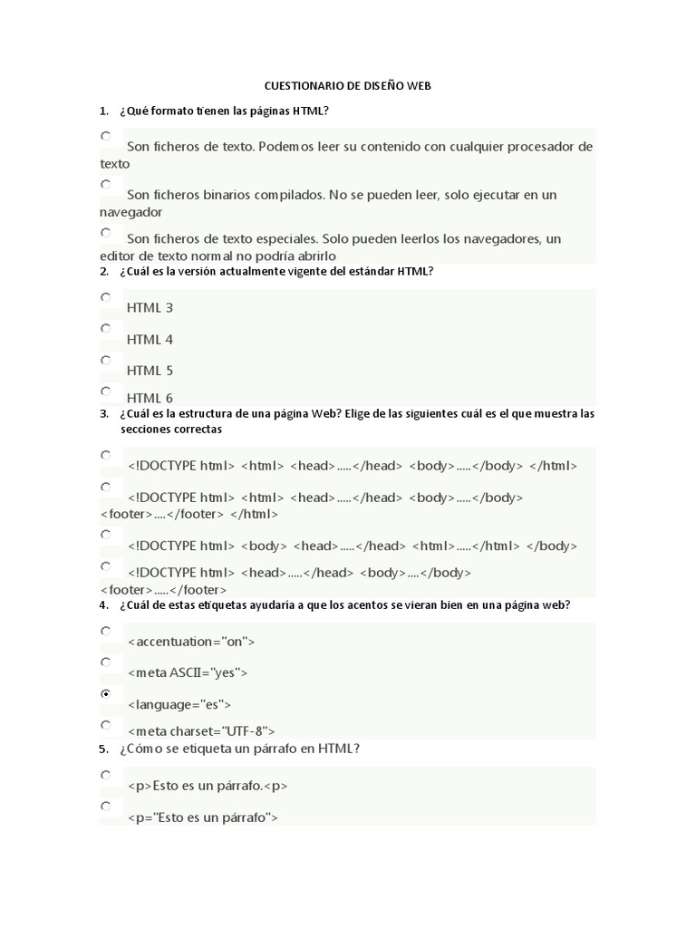 Cuestionario de Diseño Web | PDF | HTML | Desarrollo web
