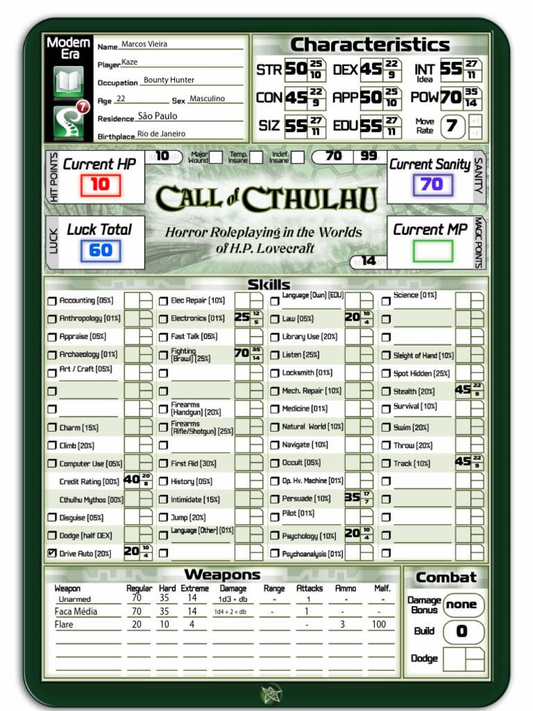 Character Sheet - Modern - Basic Autocalc - Call of Cthulhu 7th Ed | PDF