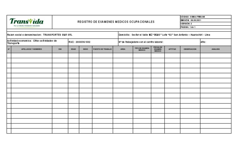 Ssma-Frm-049 Registro de Examenes Medicos Ocupacionales | PDF
