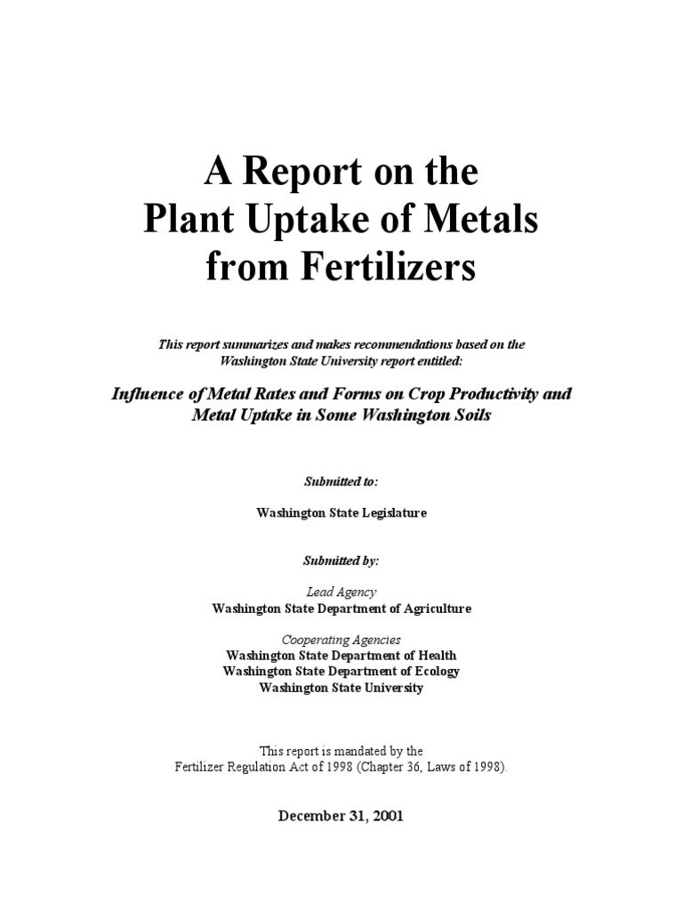 A Report On The Plant Uptake of Metals Form Fertilizers | PDF | Fertilizer | Soil
