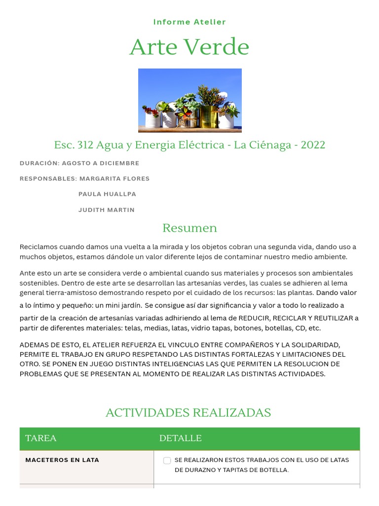 Informe Atelier Arte Verde | PDF