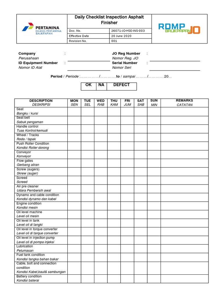 Asphalt Finisher Daily Inspection Checklist | PDF