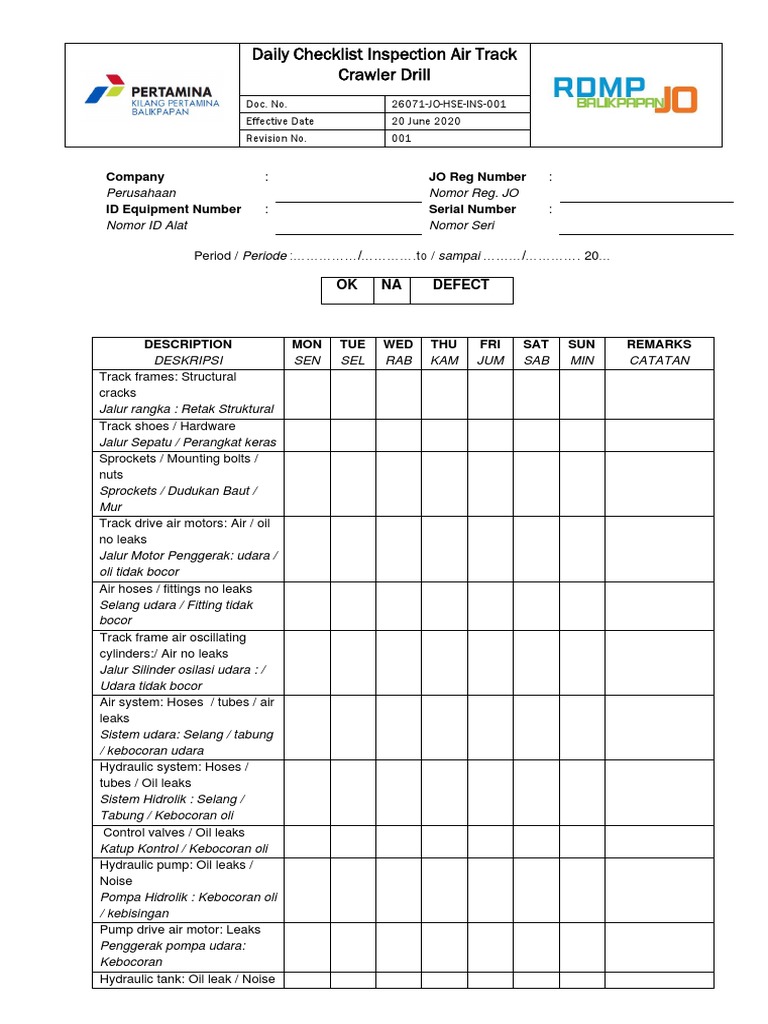 Daily Checklist Air Track Crawler Drill R.001 | PDF | Gases | Vehicles