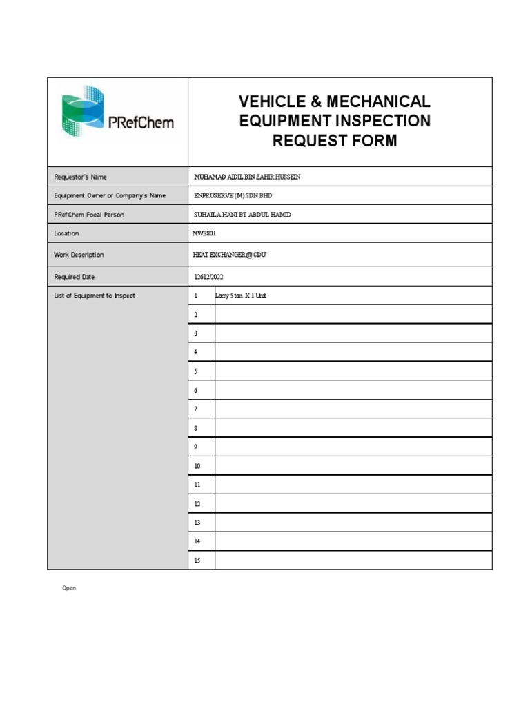 Vehicle and Mechanical Equipment Inspection Request Form | PDF