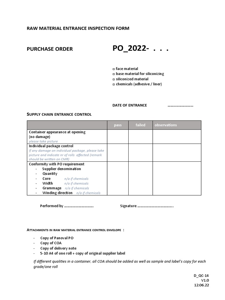 D-QC-14 Raw Material Entrance QC Form | PDF