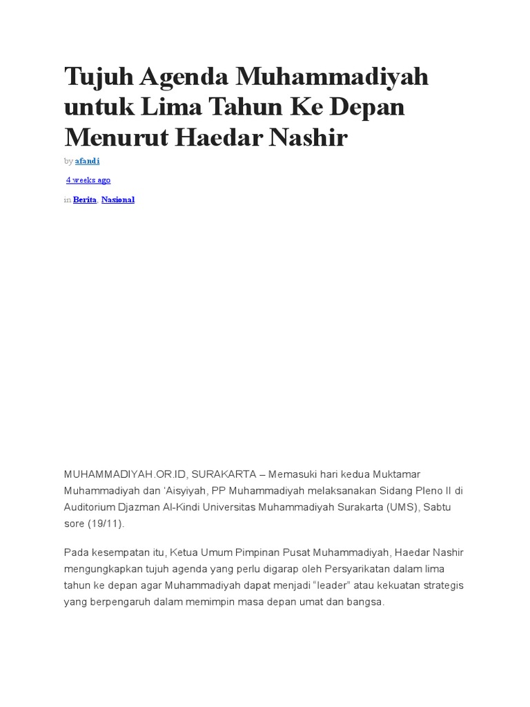 Tujuh Agenda Muhammadiyah Untuk Lima Tahun Ke Depan Menurut Haedar Nashir | PDF