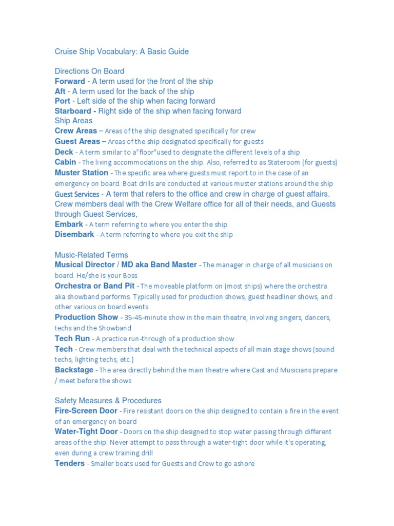 Cruise Ship Guide to Vocabulary and Areas | PDF | Cruise Ship | Ships