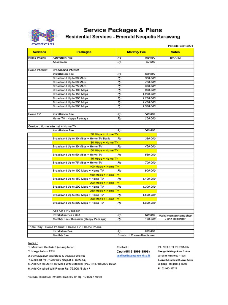 Price List - Service Packages & Plans Residential Services - Emerald ...