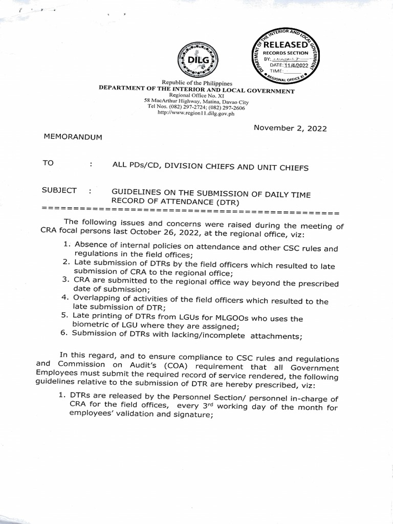 Memorandum Re Guidelines On The Submission of Daily Time Record of ...