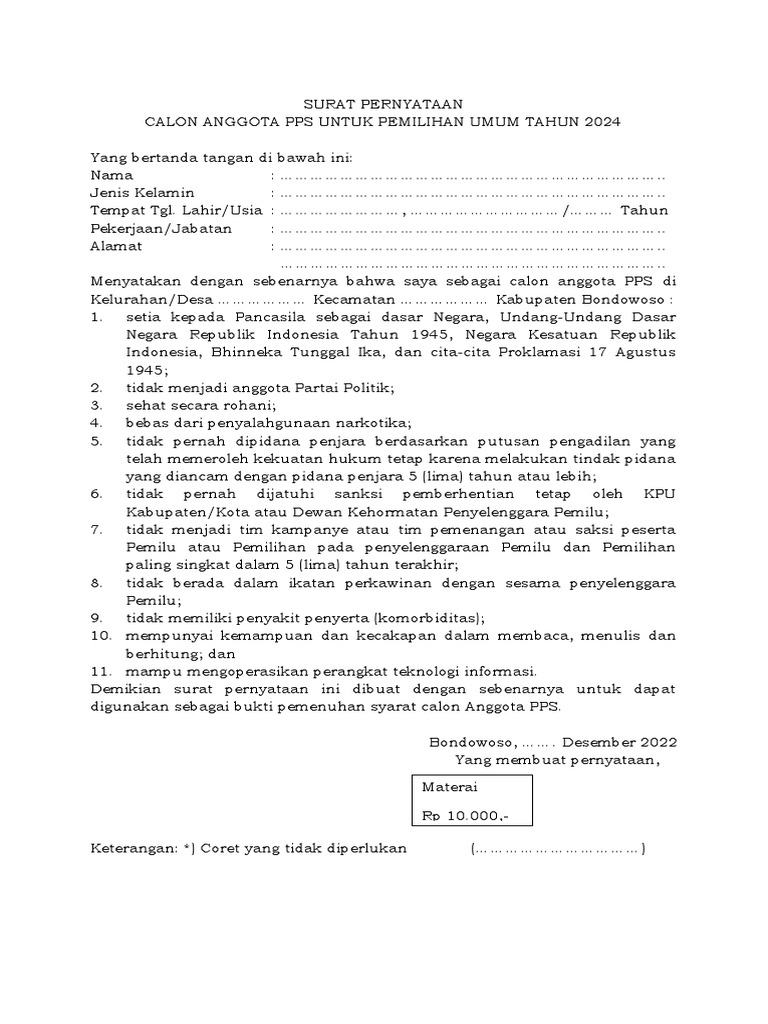 Surat Pernyataan Calon Anggota PPS 2024 | PDF