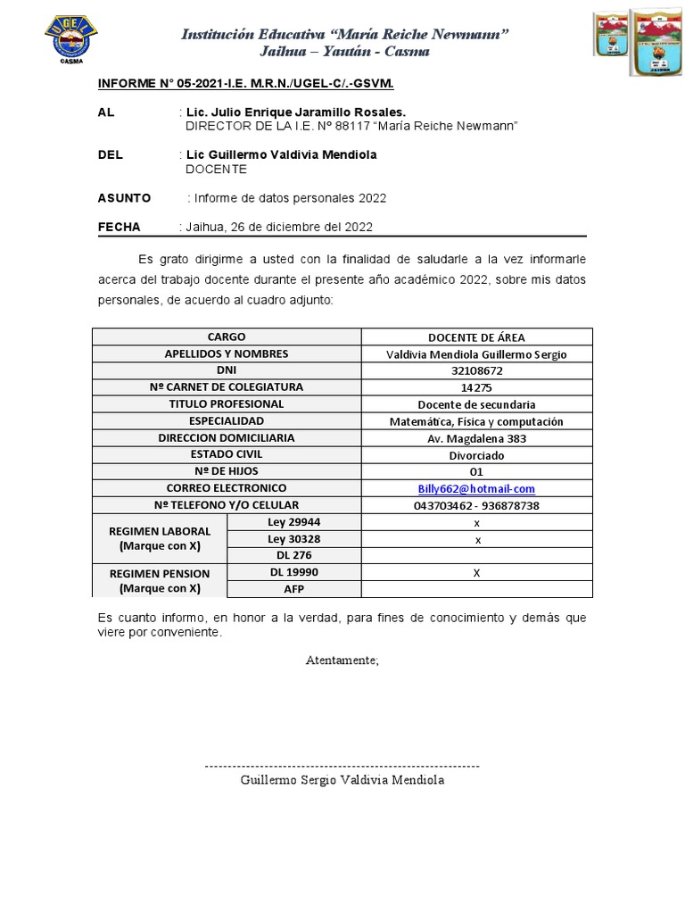 Informe - Datos Personales de Contacto | PDF