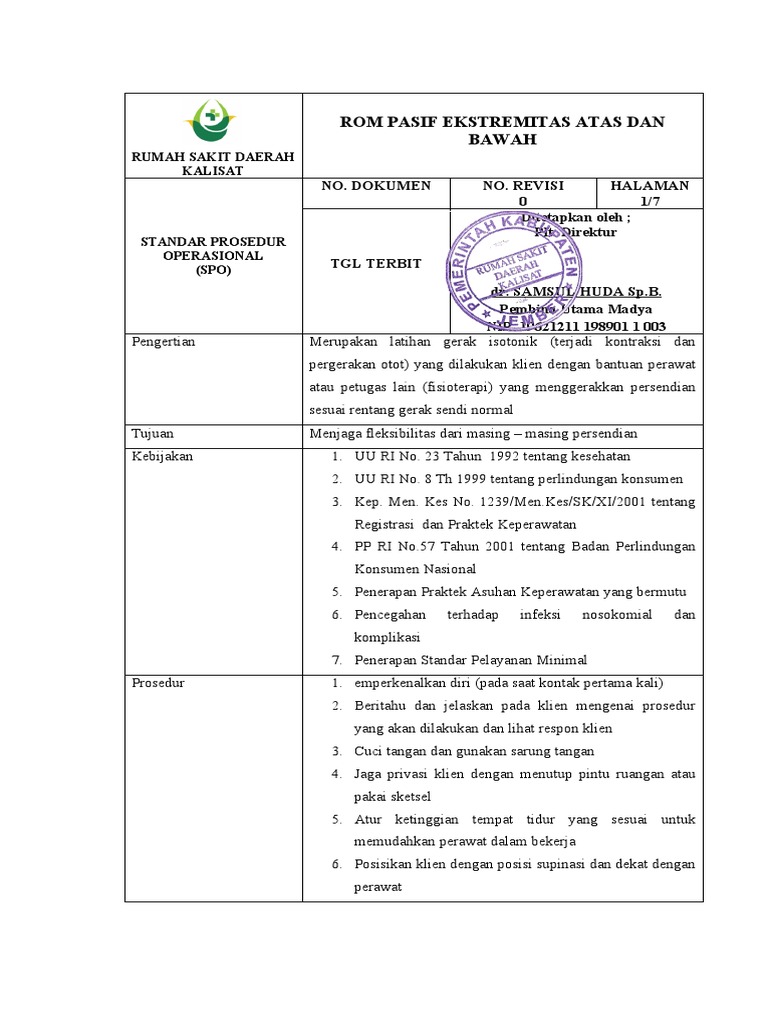 SOP ROM Pasif Ekstremitas Atas Dan Bawah | PDF