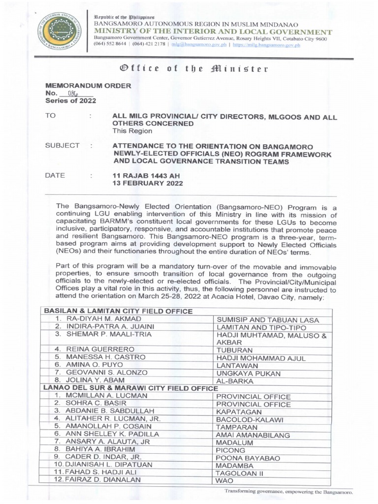 Memorandum Order Re Attendance To The NEO Program Framework - 0641 | PDF