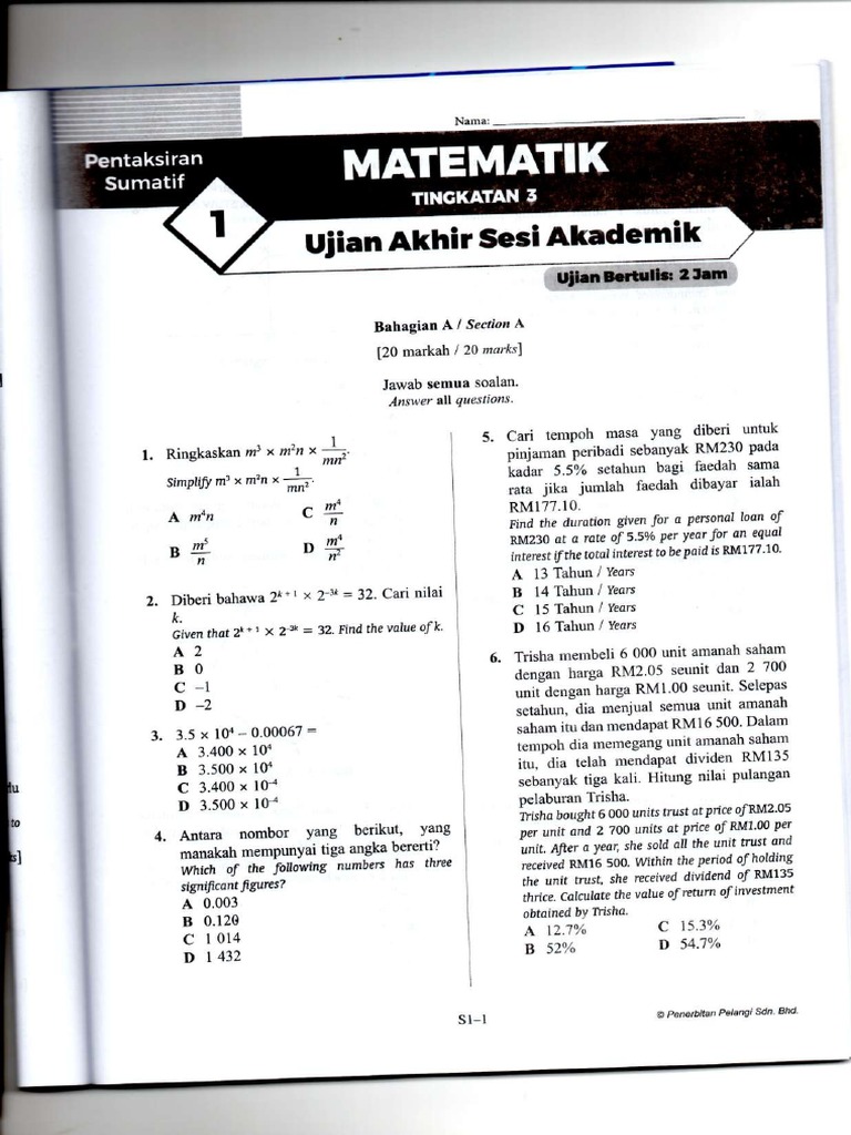 Math Form 3 Kertas Model Peperiksaan Akhir Tahun Part 1 Pdf