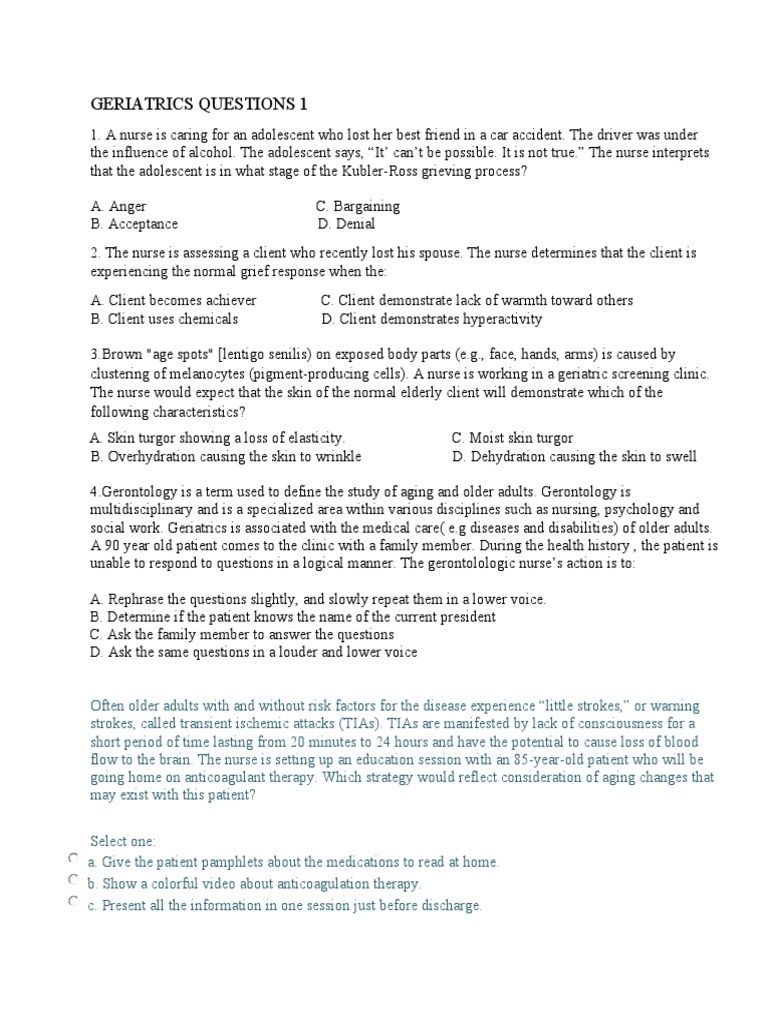 Geriatrics Questions | PDF | Nursing | Stroke