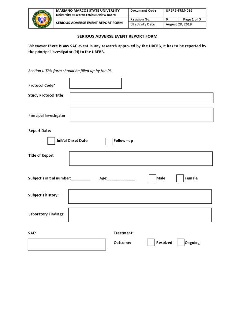 URERB Form 16 Report On SAE | PDF | Informed Consent | Health Sciences