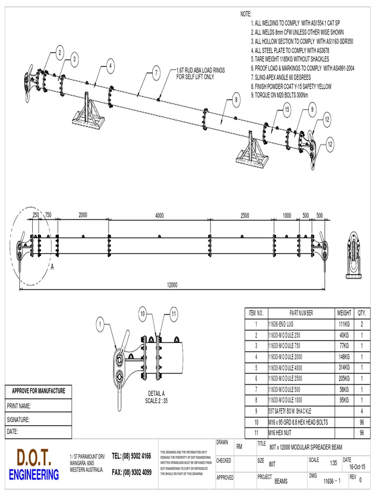 Dwg.11636 80t X 12000 Modular Spreader Beam | PDF | Mechanical Engineering | Manufactured Goods
