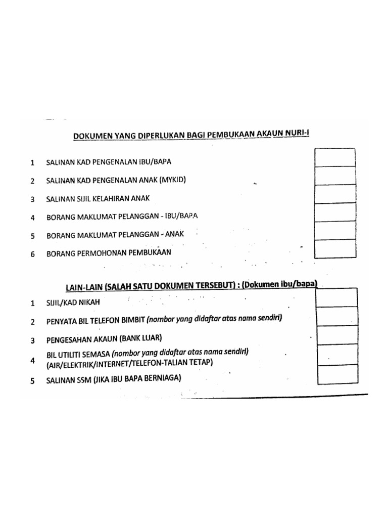 Dokumen Yang Diperlukan Bag Pembukaan Akaun Nuri-! | PDF