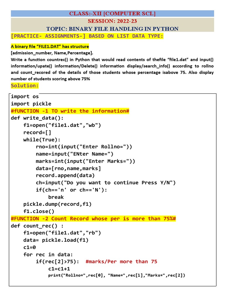 11 Binary File Handling Assignment Pdf Function Mathematics Computer File