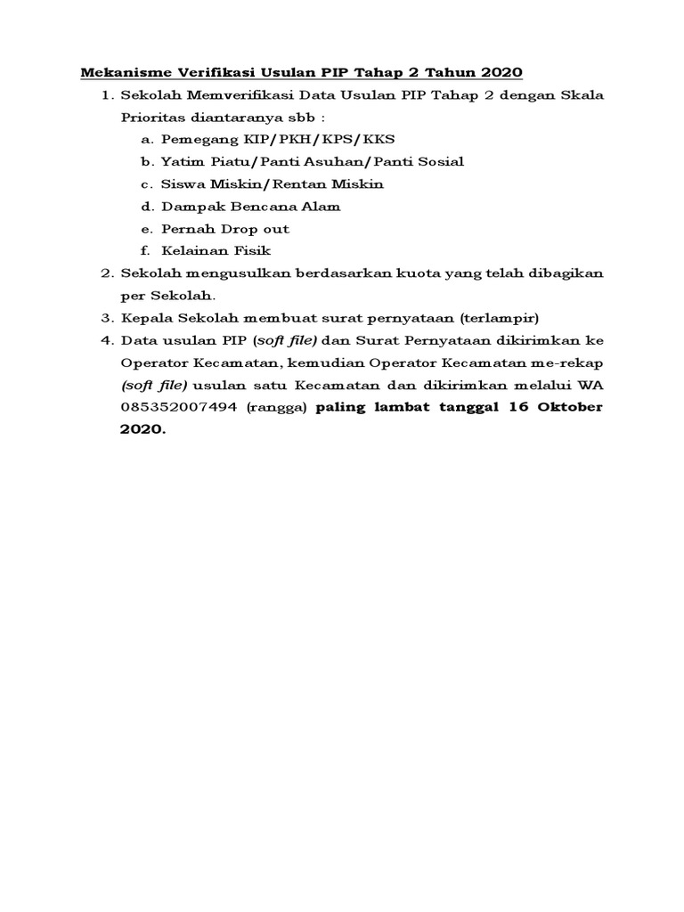 Mekanisme Verifikasi Usulan PIP Tahap 2 Tahun 2020 | PDF