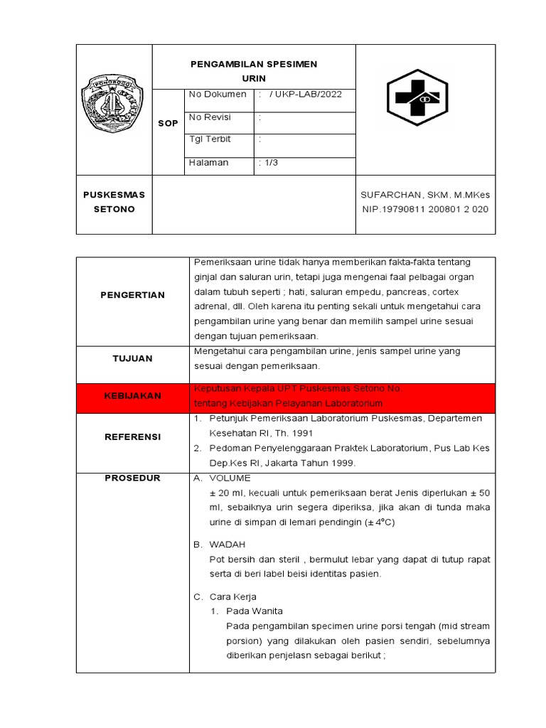 Sop Pengambilan Spesimen Urin | PDF | Griya & Taman | Kesehatan Holistik