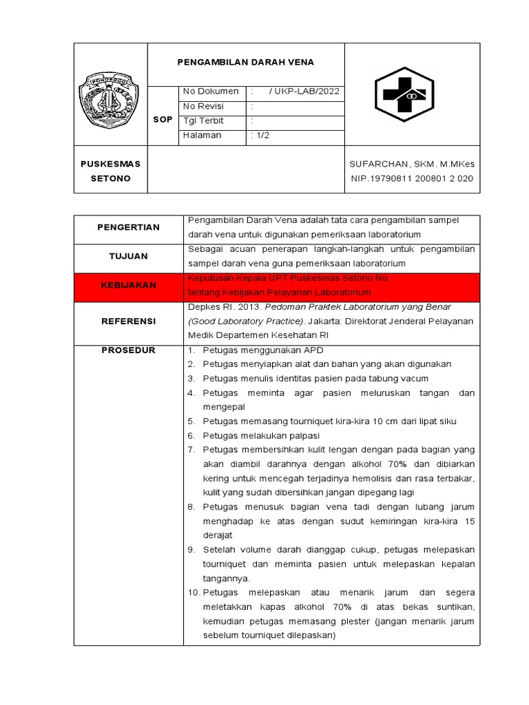 SOP Pengambilan Spesimen Darah Vena | PDF