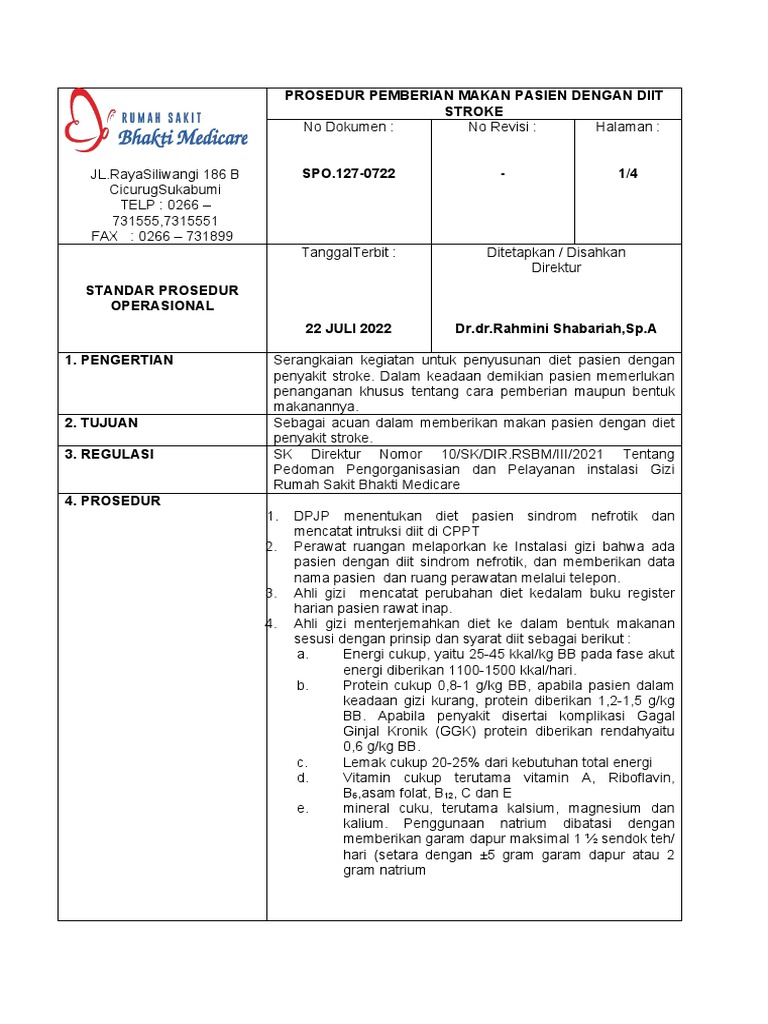 SPO.127-0722 Prosedur Pemberian Makan Pasien Dengan Diit Stroke | PDF