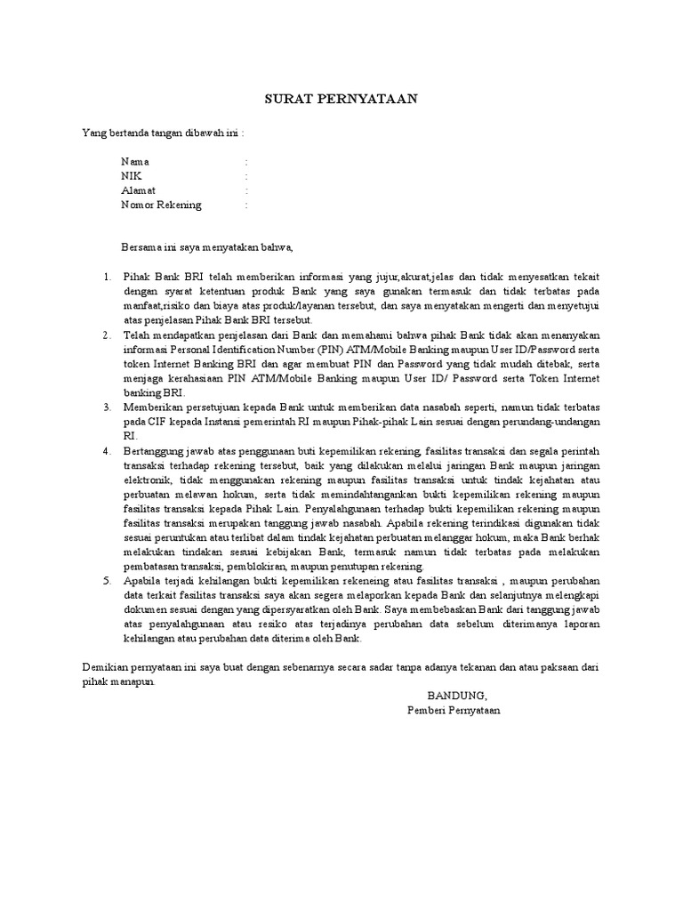 Surat Pernyataan Pembukaan Rekening | PDF