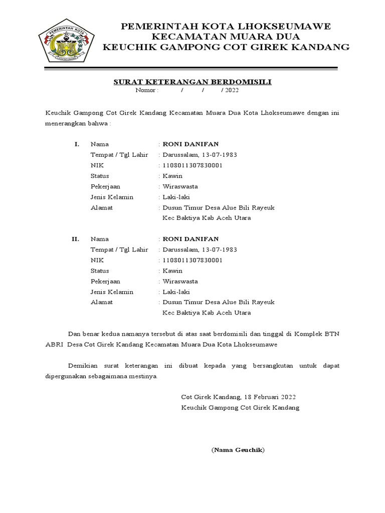 Surat Keterangan Domisili Roni Danifan | PDF