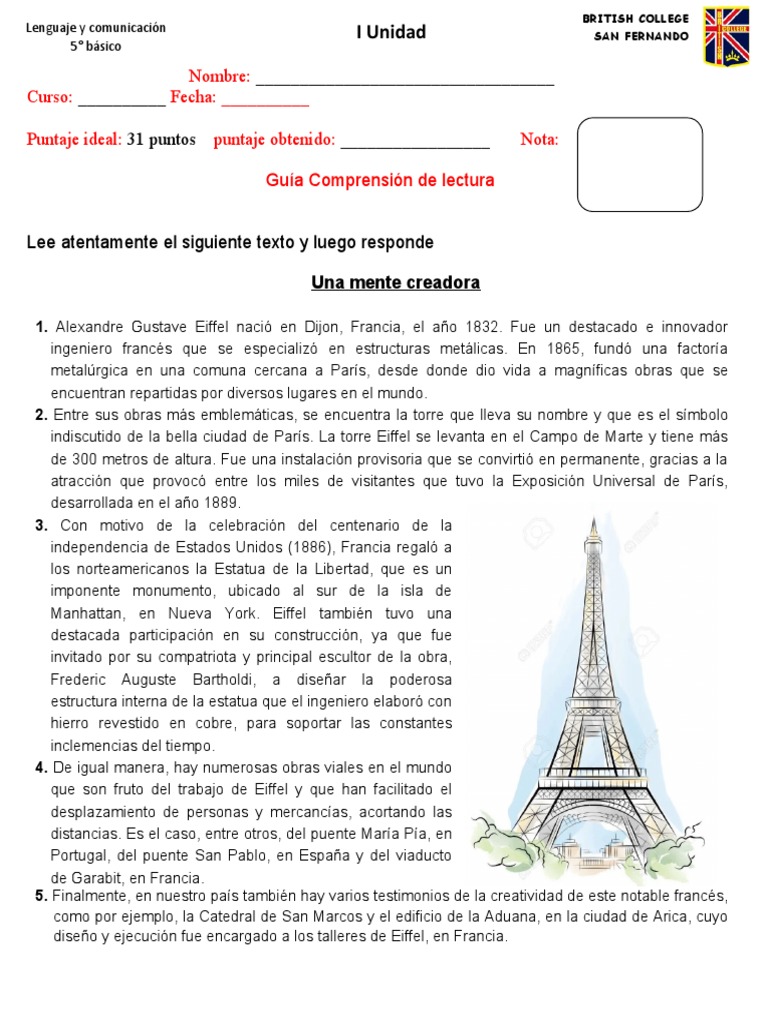 Guía Lenguaje 5° Basico Articulo Informativo Torre Eiffel | PDF | Arte