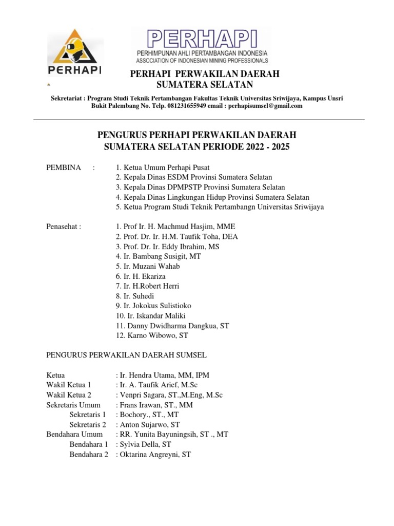 Pengurus Perhapi Sumsel 2022-2025 | PDF