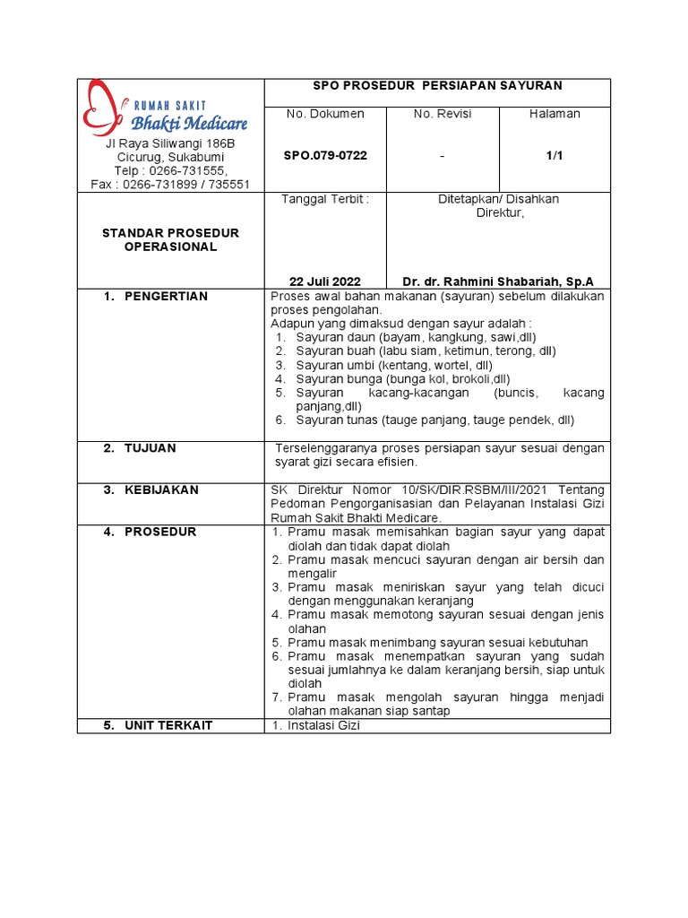 SPO.079-0722 Prosedur Persiapan Sayuran | PDF