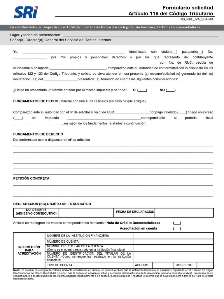 Formulario - Arti - Culo 119 Código Tributario | PDF | Bancos | Impuestos