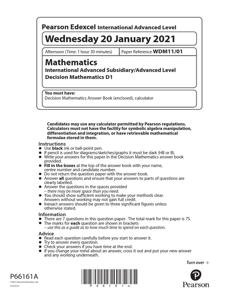 Jan 2021 Decision 1 Ial Maths Edexcel QP | PDF | Theoretical Computer Science | Applied Mathematics