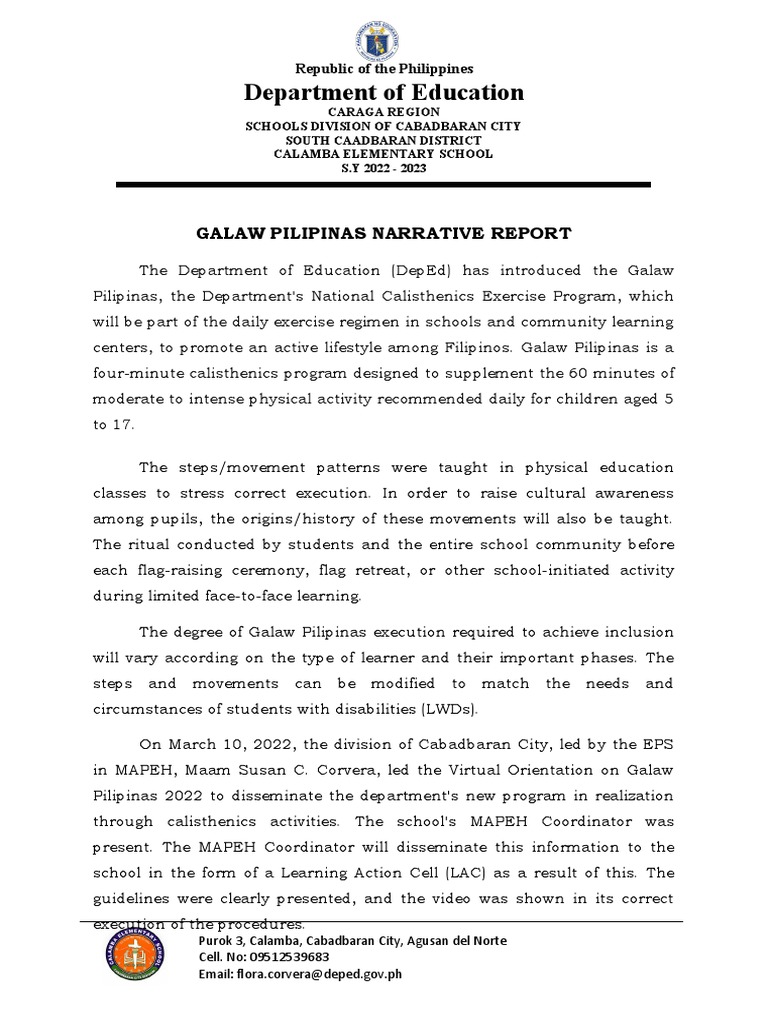 Galaw Pilipinas Narrative Report-Calamba Es | PDF | Skeletal Muscle ...