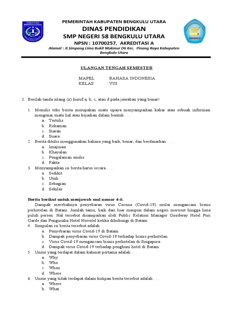 Soal SMP 58 UTS | PDF