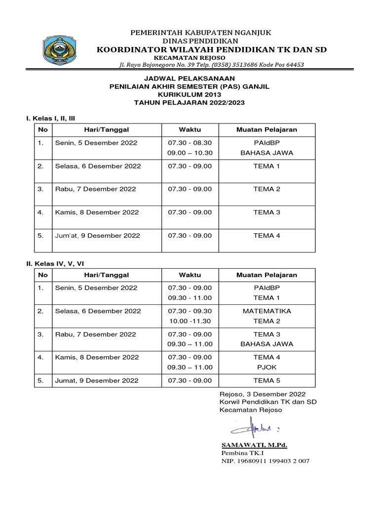 Jadwal Pas Ganjil Kurikulum 2013 Tapel 2022-2023 | PDF