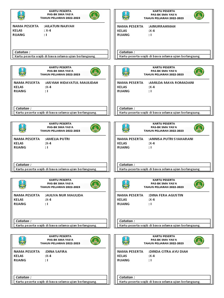 Identification Cards for PAS-BK Exam Participants at SMA Yas'a | PDF