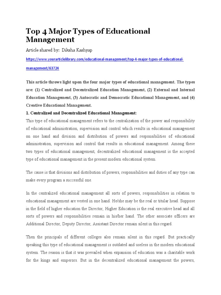 Major Types of Educational Management | PDF | Authoritarianism | Democracy