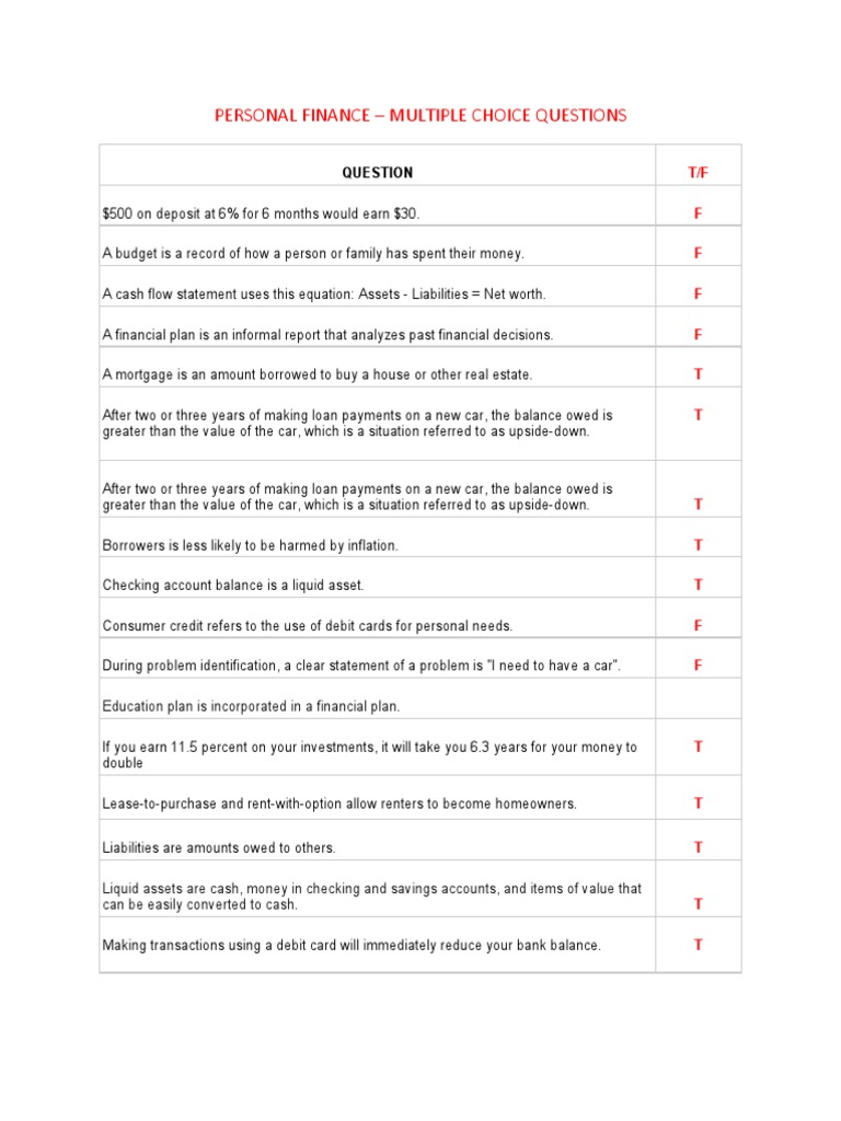 PERSONAL FINANCE Multiple Choice Questions | PDF | Debits And Credits ...